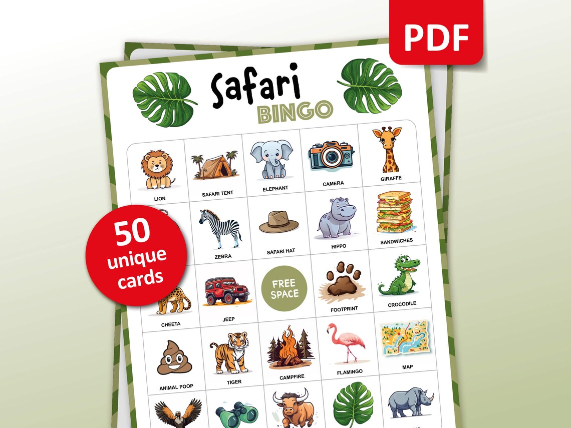 Safari Bingo, 50 Birthday Bingo Cards, Birthday Activities, Kids Safari ...