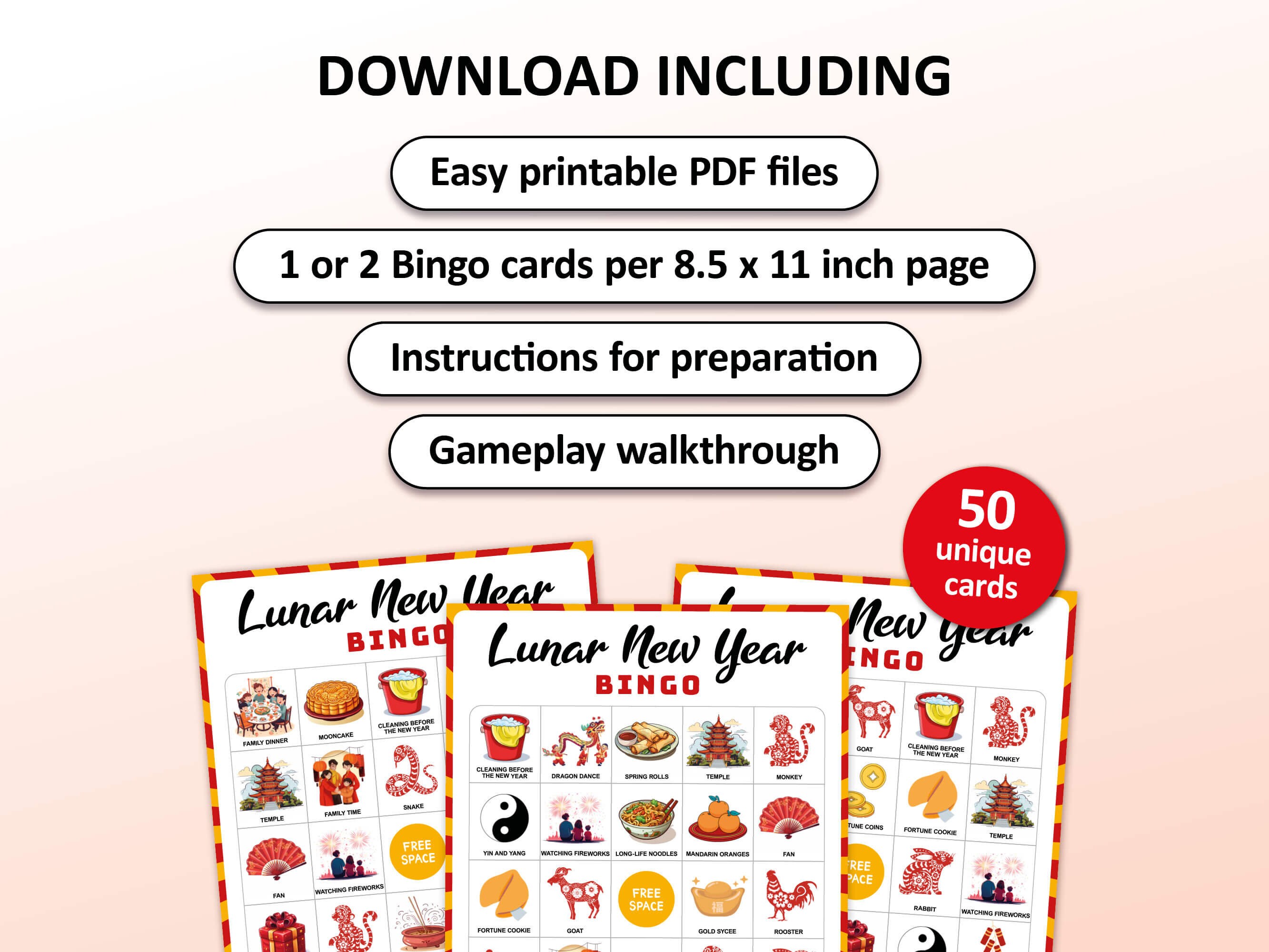 Lunar New Year Bingo, 50 Chinese New Year Bingo Cards, Party Game for ...