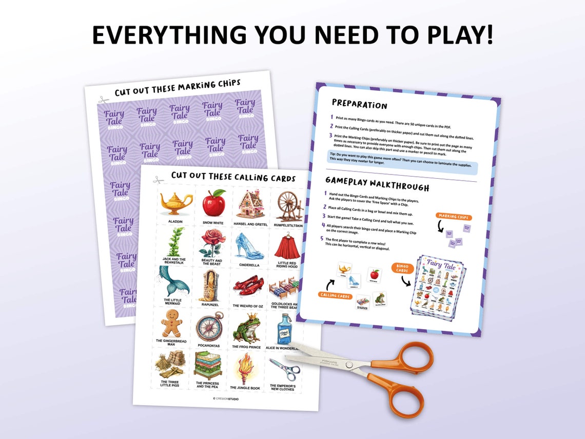 Fairytale Bingo, 50 Bingo Cards, Fairy Tale Party Game, Printable Kids ...