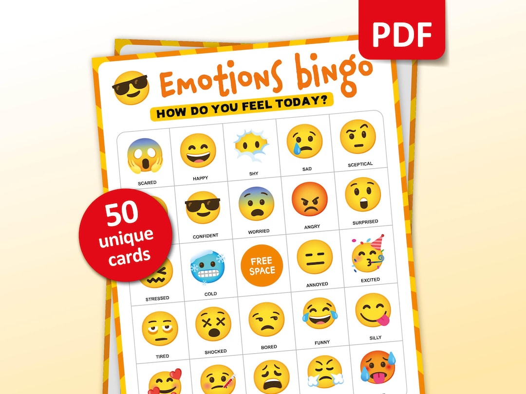 Emotions Bingo, 50 Bingo Cards, Learning Feelings for Kids Party Game ...