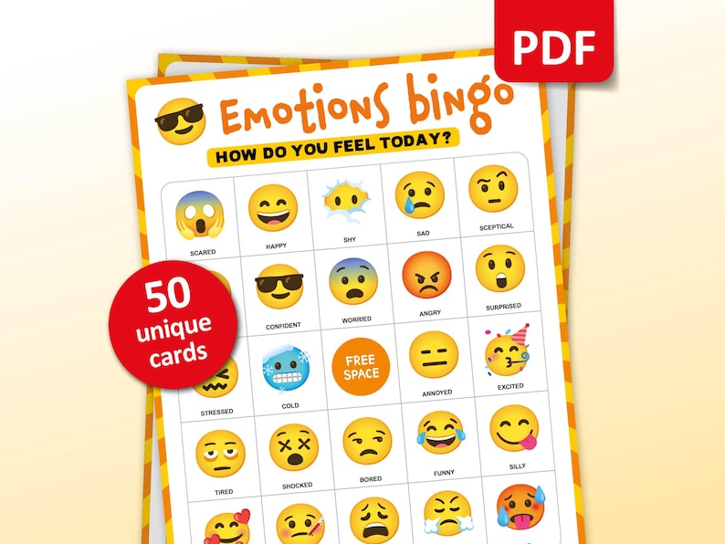 Emotions Bingo, 50 Bingo Cards, Learning Feelings for Kids Party Game ...