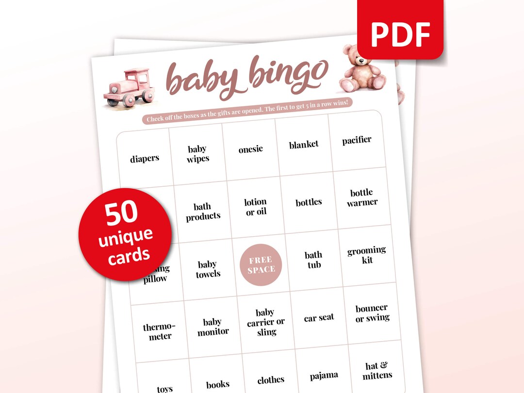 Girl Baby Shower Bingo, 50 Baby Bingo Cards, Pregnancy Party Game, Pink ...