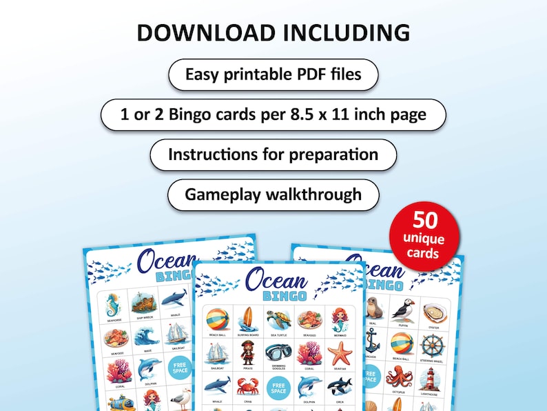 Ocean Bingo, 50 Sea Bingo Cards, Birthday Activities, Kids Underwater ...