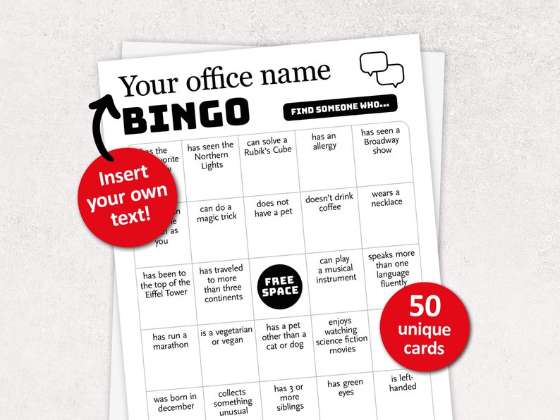 Personalized Office Bingo, 50 Human Bingo Cards, Icebreaker Party Game ...