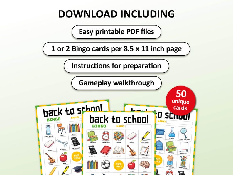 Back to School Bingo Game, 50 Bingo Cards, Teachers Printable Classroom ...
