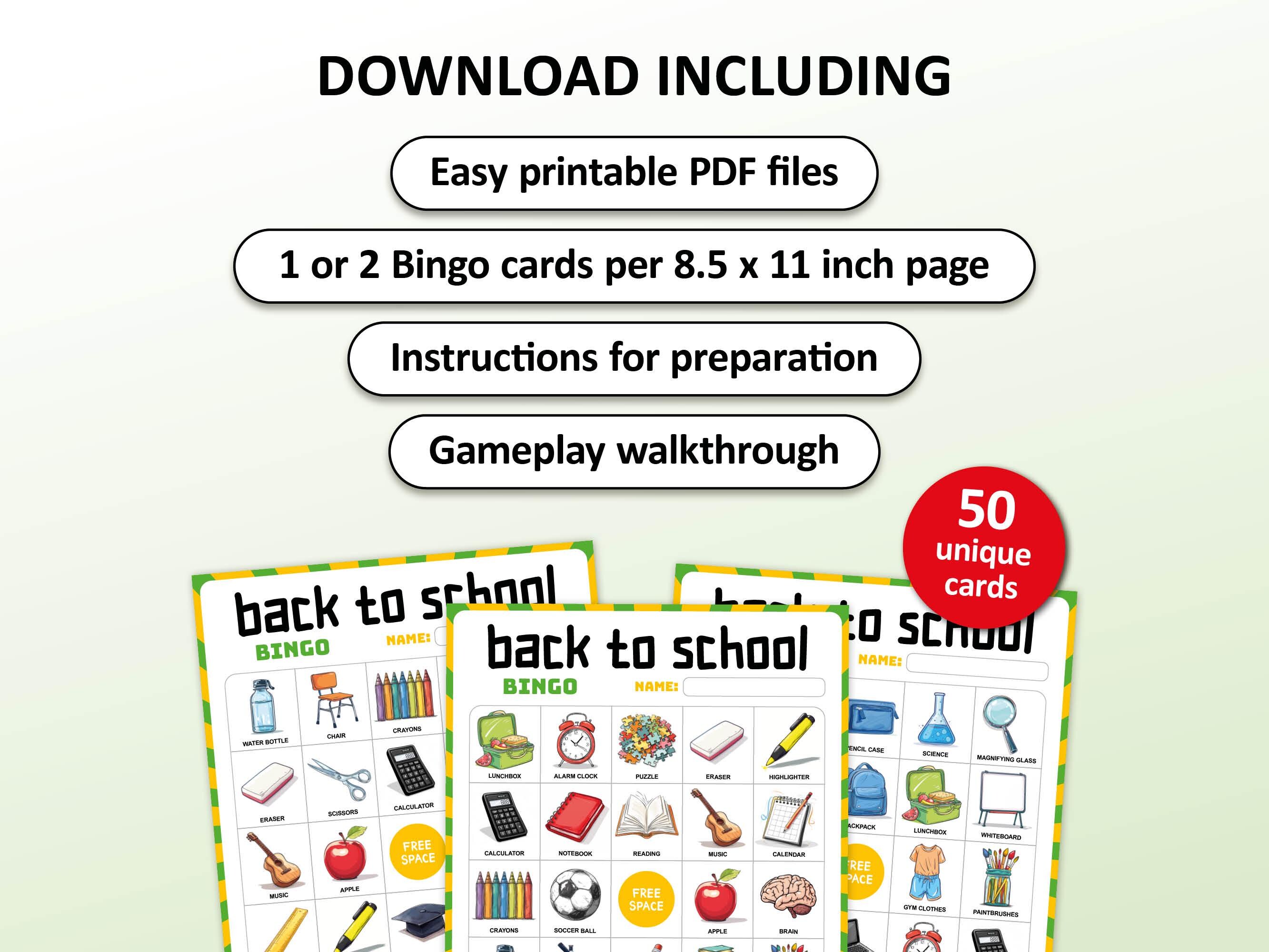 Back to School Bingo Game, 50 Bingo Cards, Teachers Printable Classroom ...