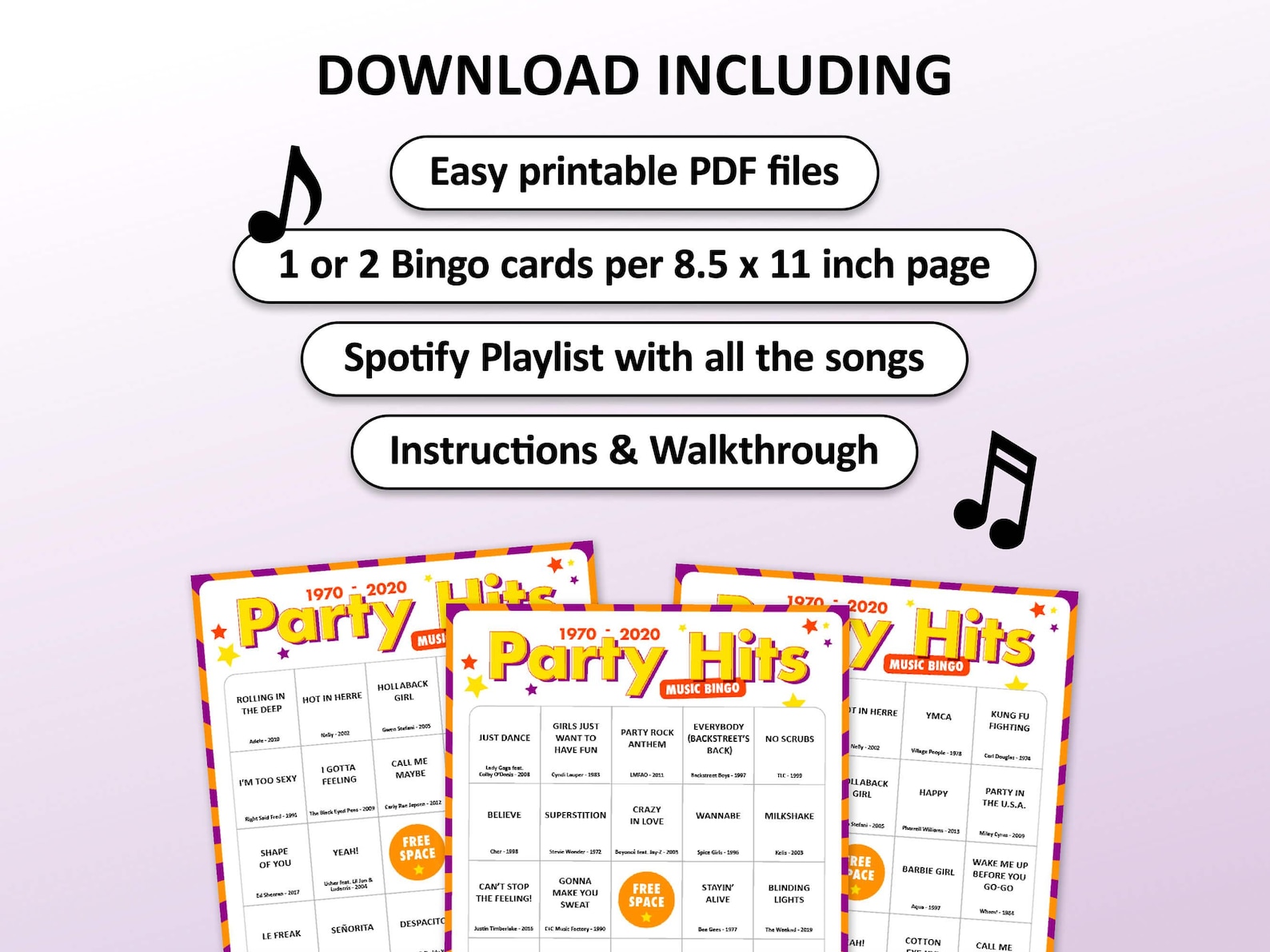 Party Hits Music Bingo, 100 Bingo Cards + Spotify Playlist, 80s 90s ...