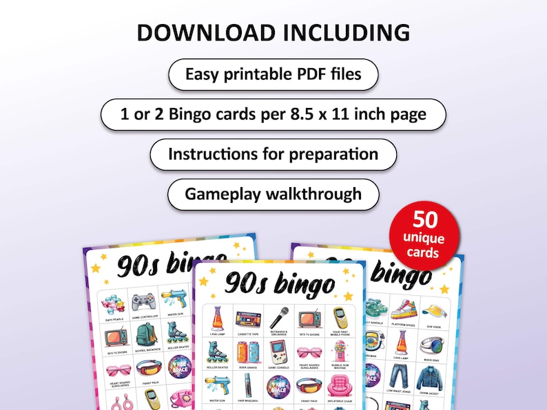 90s Party Bingo, 50 Unique Bingo Cards, Fun 90's Party Game, Printable ...