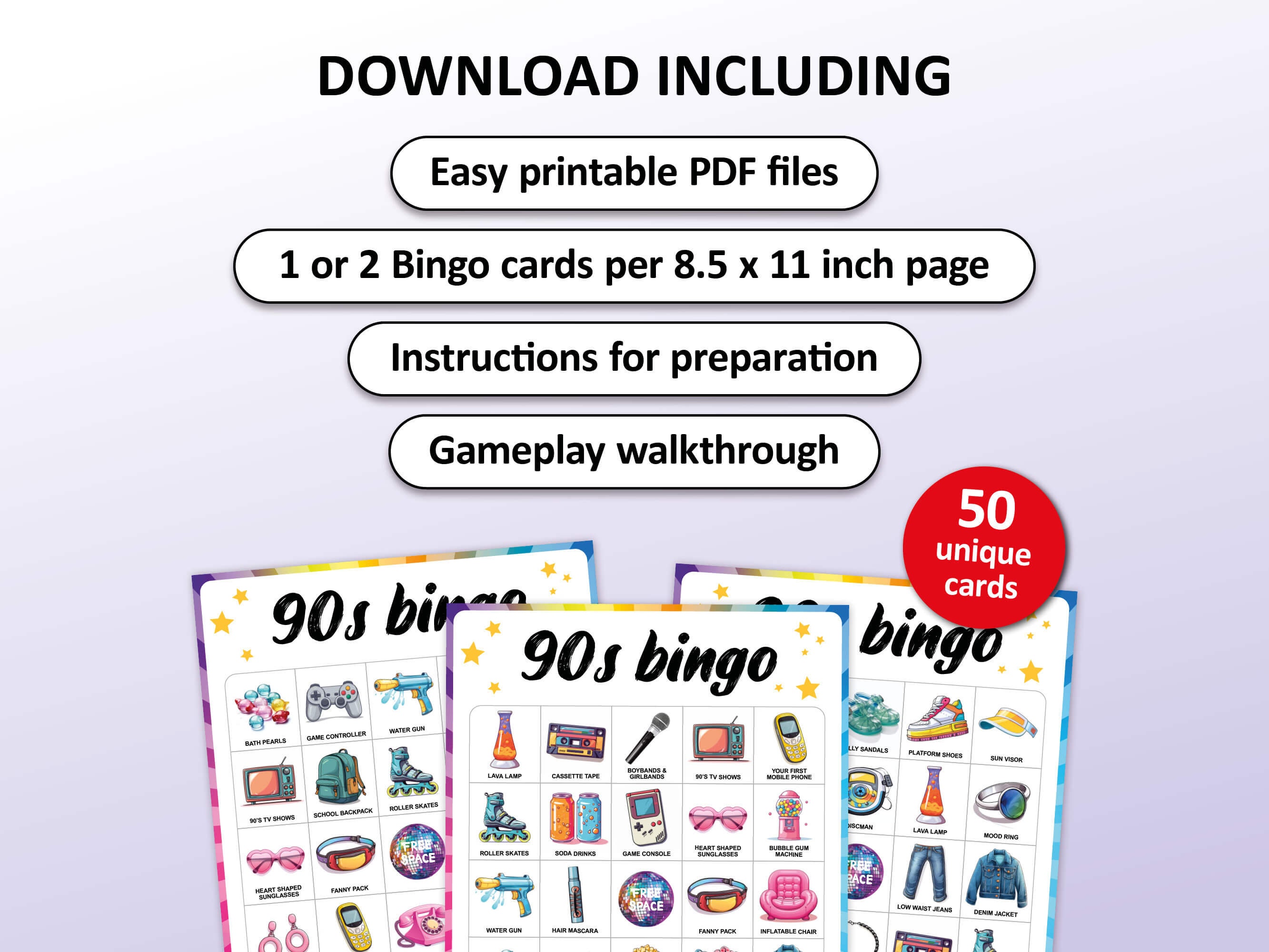 90s Party Bingo, 50 Unique Bingo Cards, Fun 90's Party Game, Printable ...