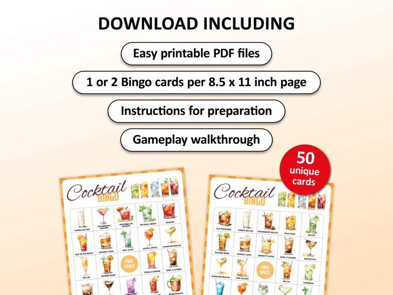 Cocktail Party Game, 50 Cocktail Bingo Cards, Bachelorette Party ...
