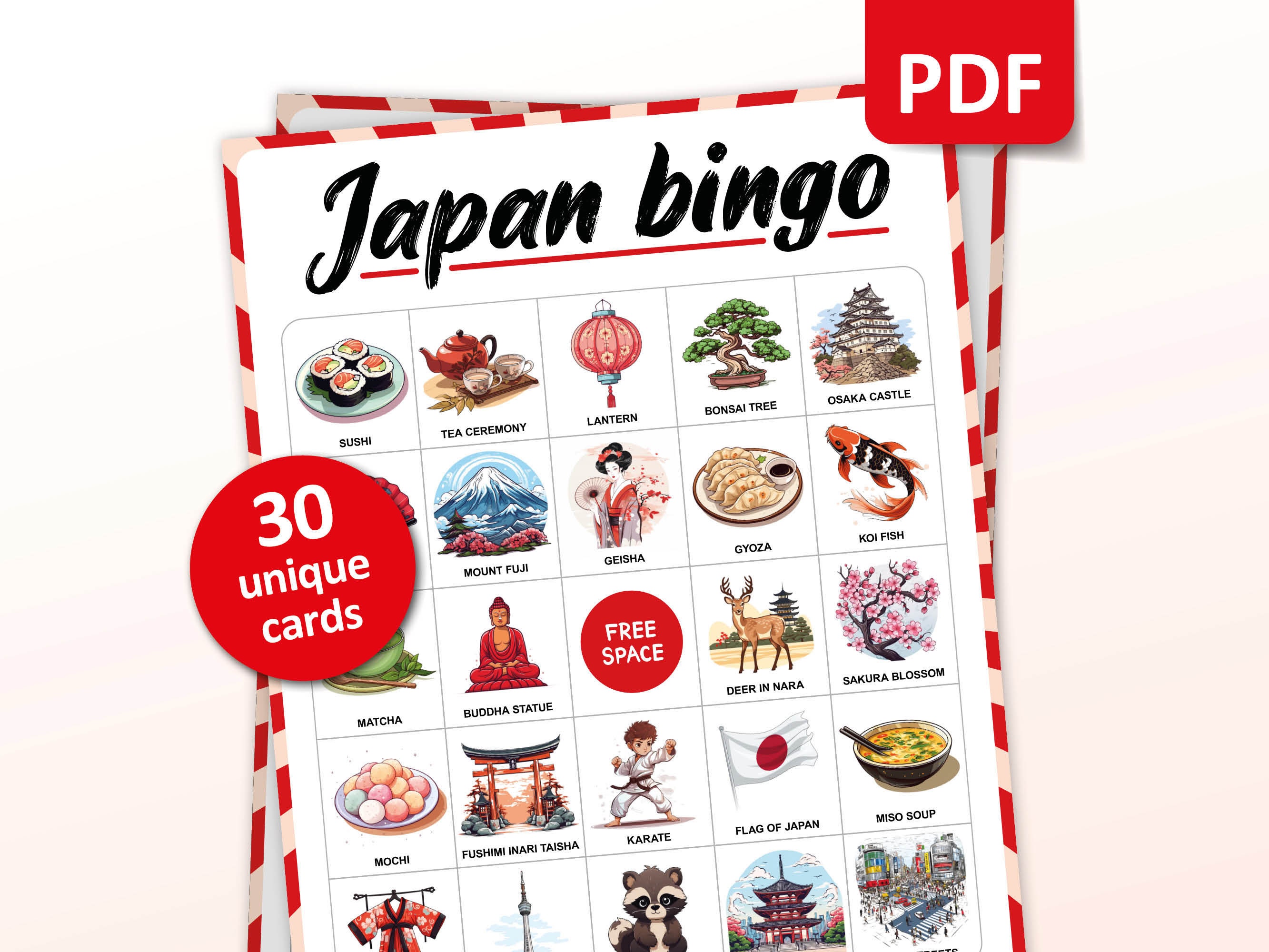 Japan Travel Bingo Game, 30 Bingo Cards, Asia Trip Vacation Activities ...