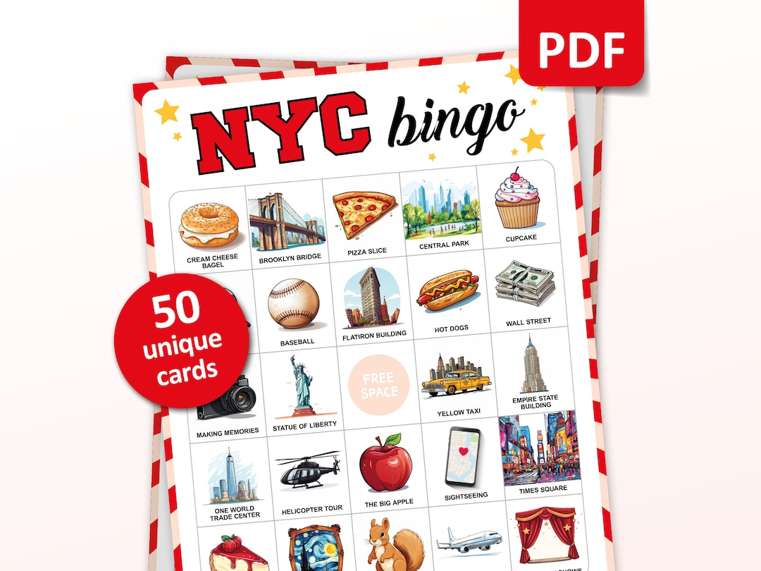 New York Bingo Game, 50 NYC Bingo Cards, New York City Travel ...