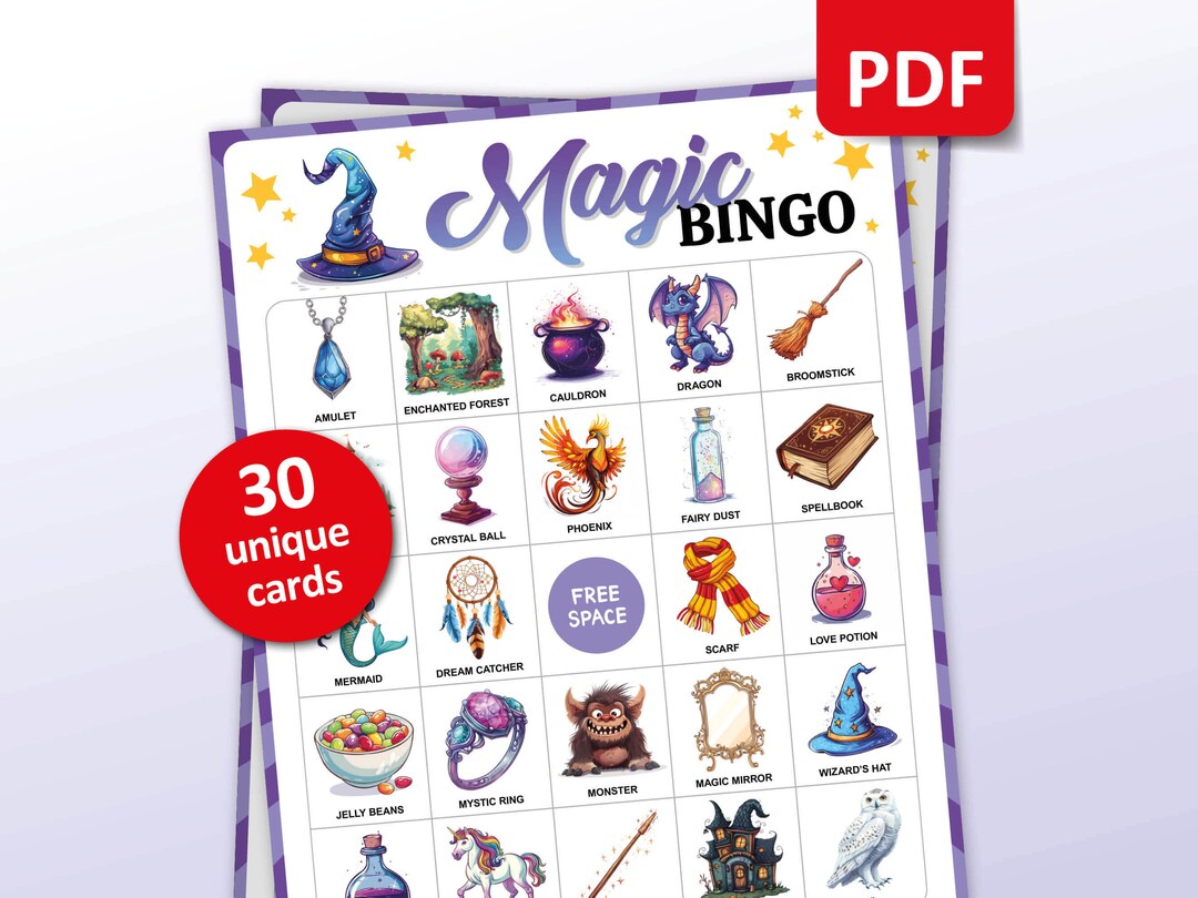 Magic Bingo, 30 Printable Bingo Cards, Birthday Party Game, Kids Wizard ...