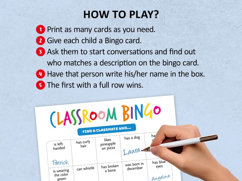 Classroom Bingo Game, Get to Know You Bingo, 50 Human Bingo Cards, Find ...