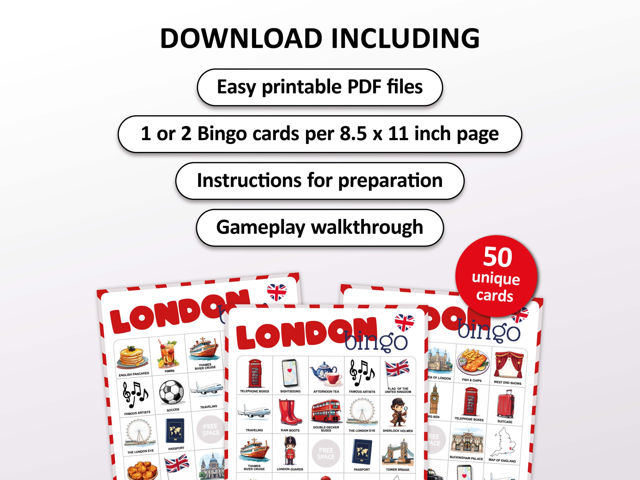 London Travel Bingo Game, 50 London Bingo Cards, Vacation Activities ...