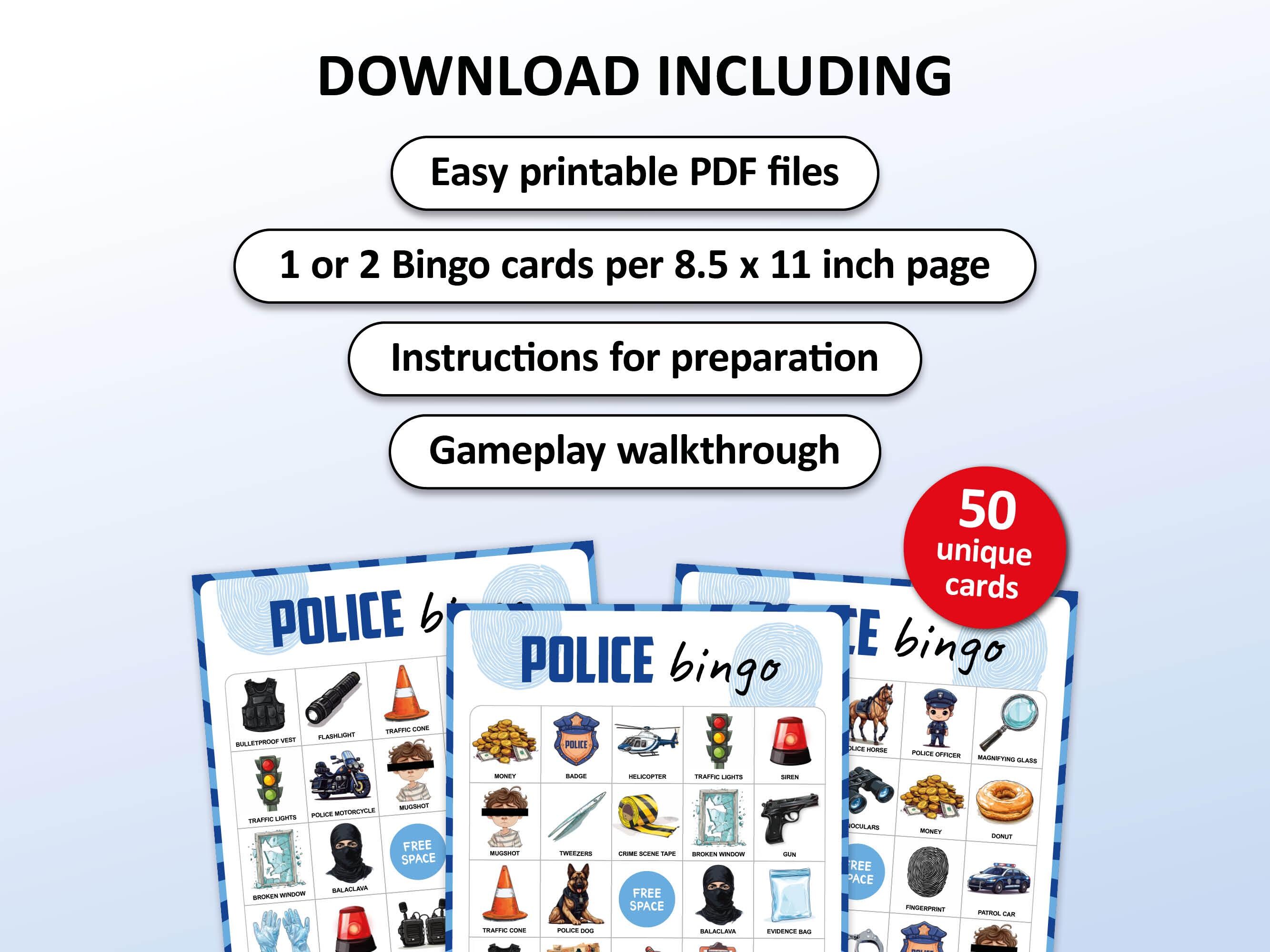 Police Bingo, 50 Bingo Cards, Printable Party Game, Investigation ...