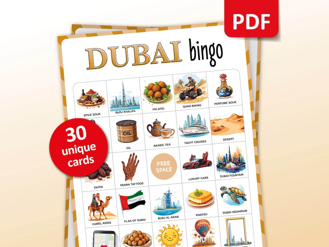 Dubai Travel Bingo Game, 30 Dubai Bingo Cards, Travel Trip Vacation ...