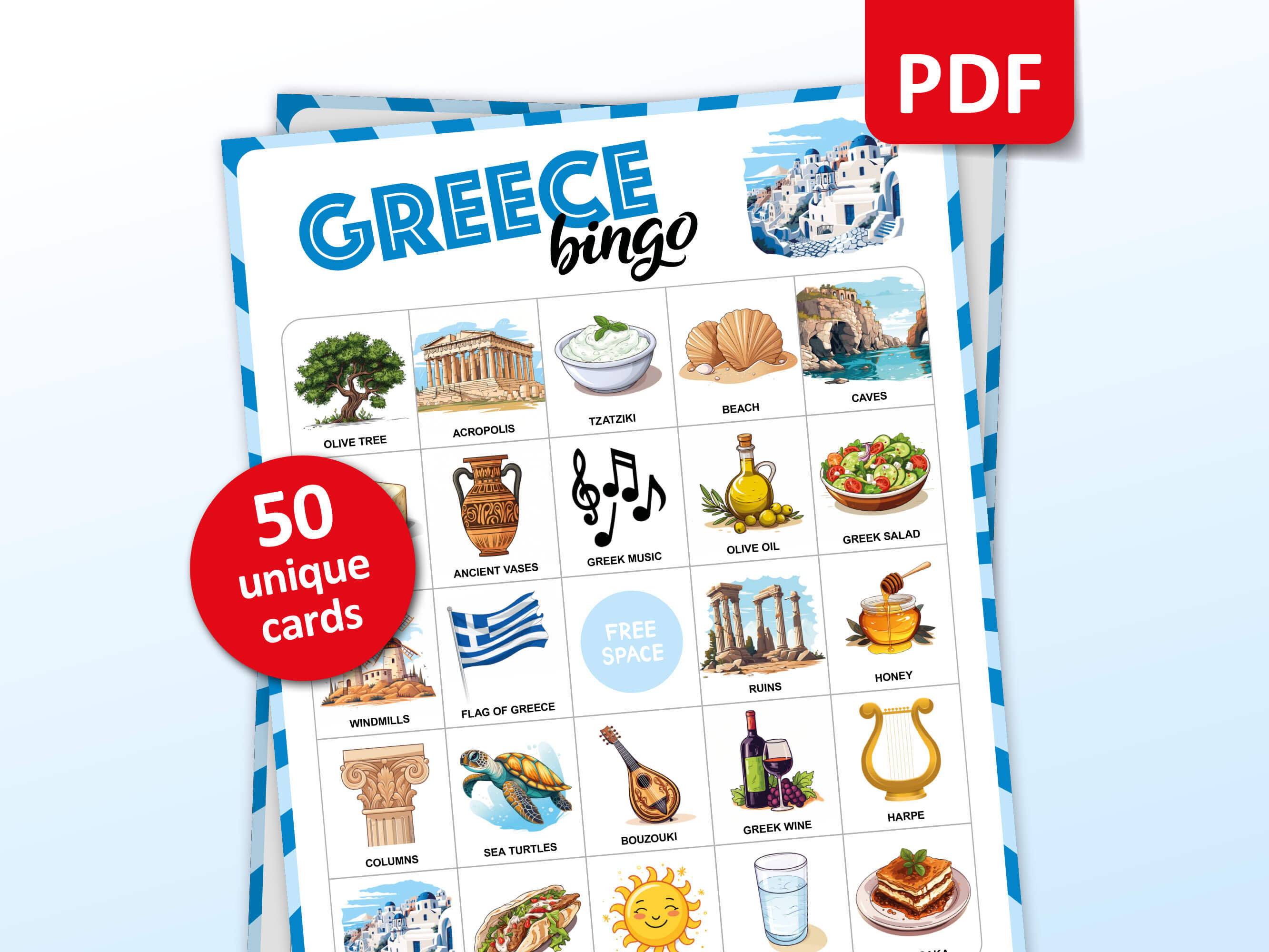 Greece Travel Bingo Game, 50 Bingo Cards, Europe Trip Vacation ...