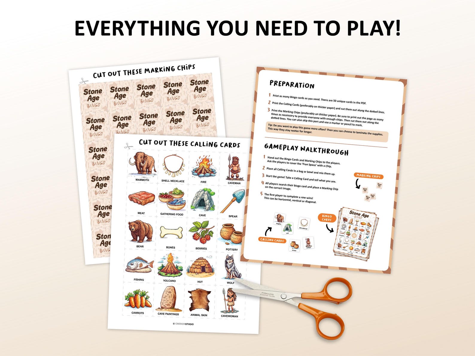 Stone Age Bingo, 50 Bingo Cards, Kids Birthday Party Game, Prehistory ...