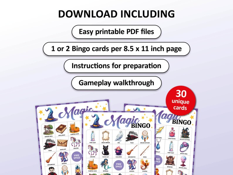 Magic Bingo, 30 Printable Bingo Cards, Birthday Party Game, Kids Wizard ...