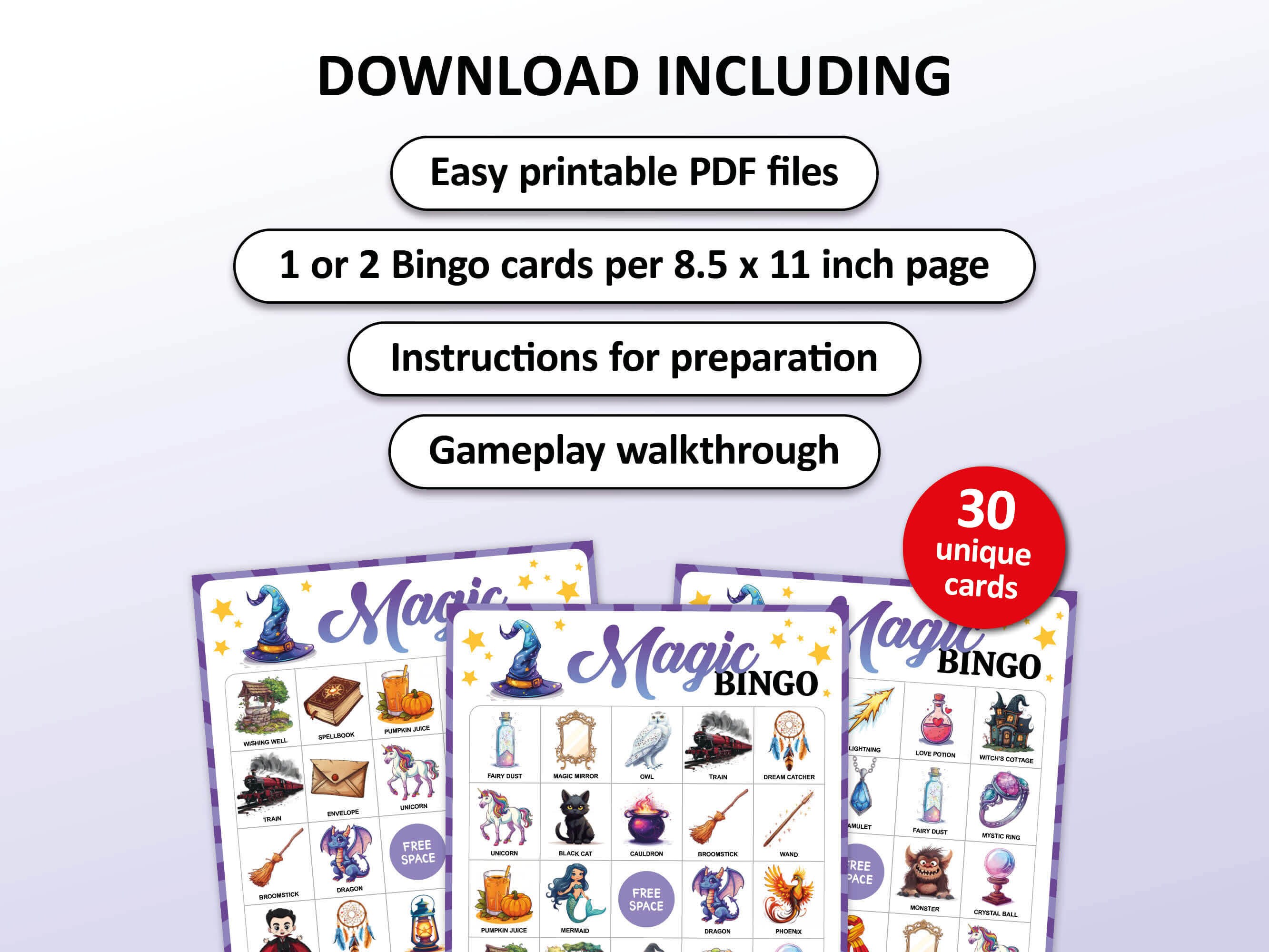 Magic Bingo, 30 Printable Bingo Cards, Birthday Party Game, Kids Wizard ...