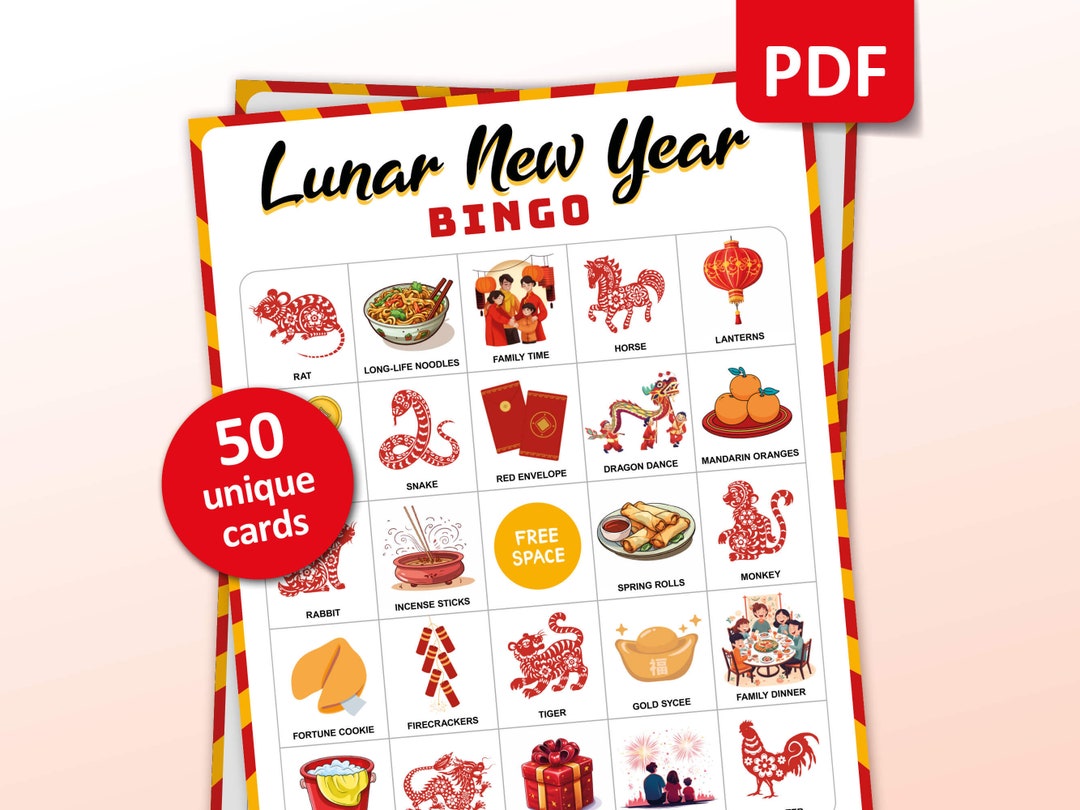 Lunar New Year Bingo, 50 Chinese New Year Bingo Cards, Party Game for ...