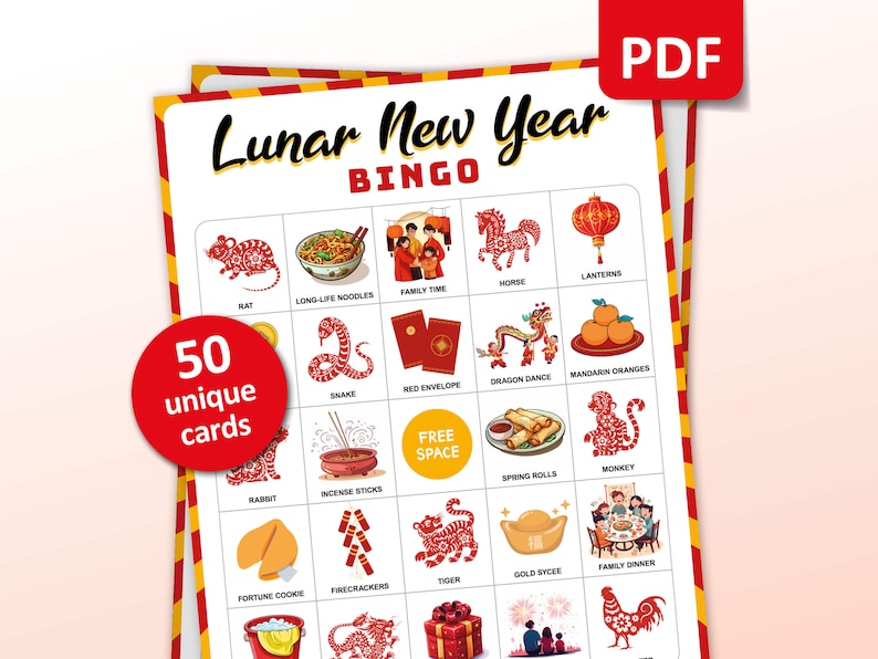 Lunar New Year Bingo, 50 Chinese New Year Bingo Cards, Party Game for ...