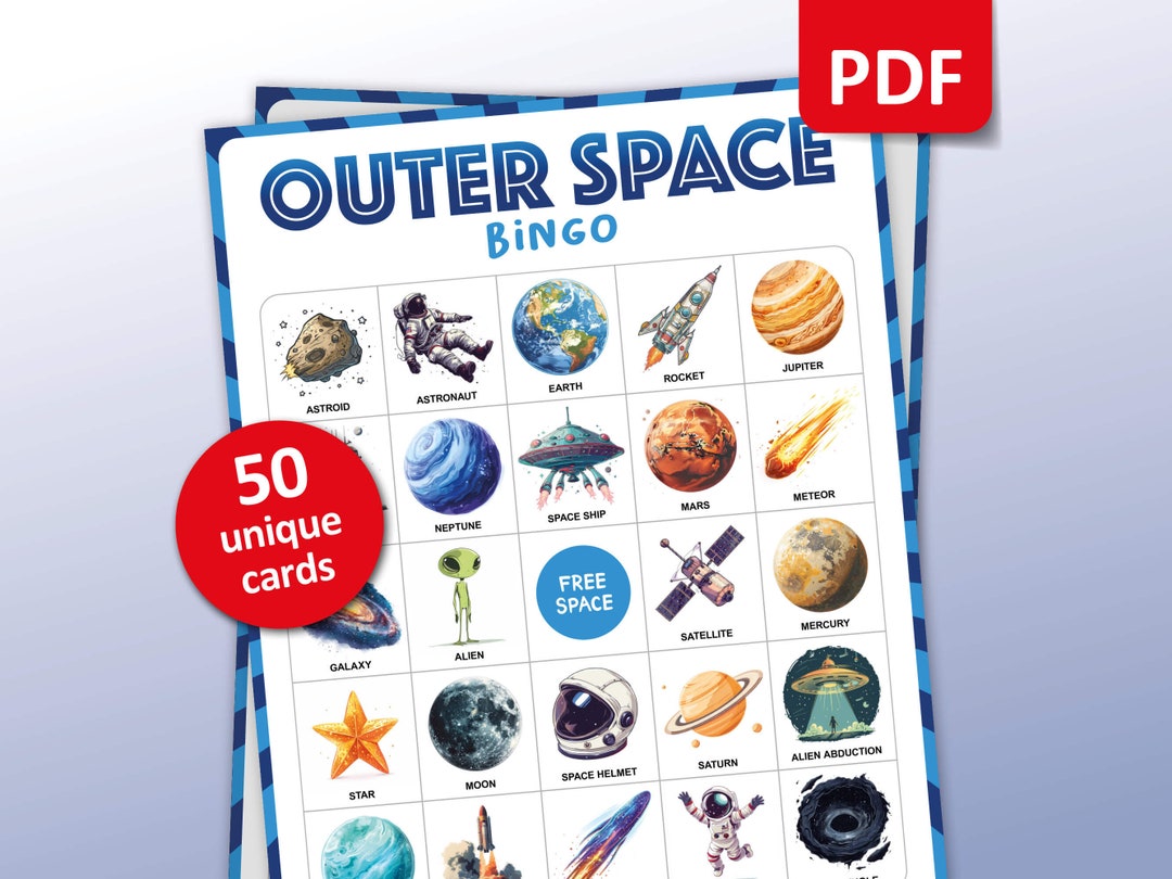 Outer Space Bingo, 50 Bingo Cards, Space Birthday Party Game for Kids ...