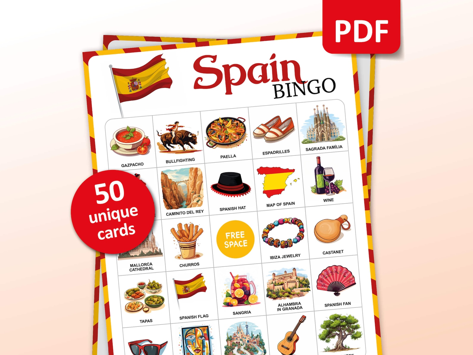 Spain Travel Bingo Game, 50 Spain Bingo Cards, Travel Trip Vacation ...