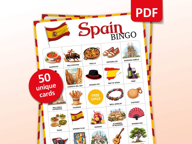 Spain Travel Bingo Game, 50 Spain Bingo Cards, Travel Trip Vacation ...