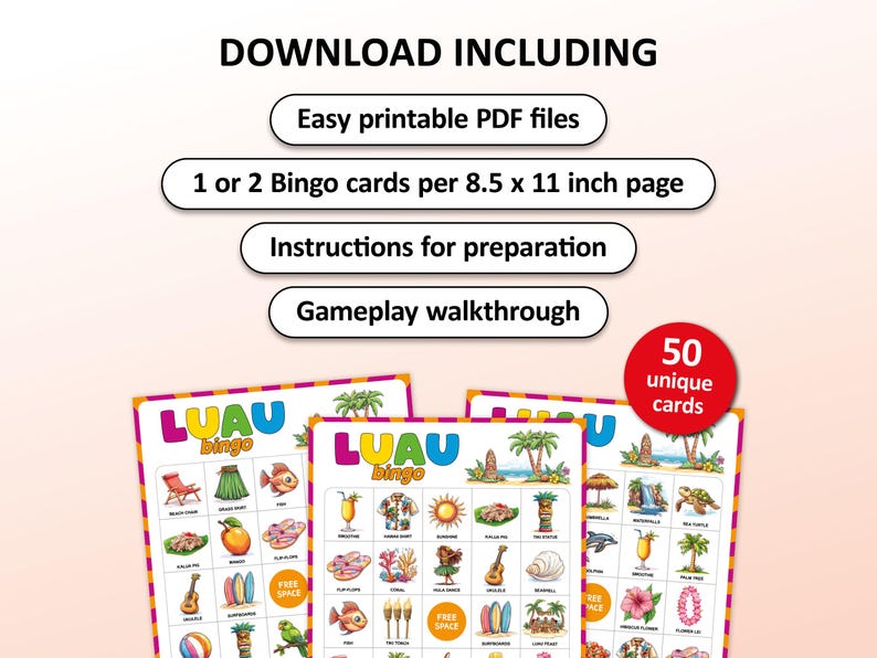 Hawaiian Luau Bingo, 50 Bingo Cards, Aloha Birthday Party Game ...