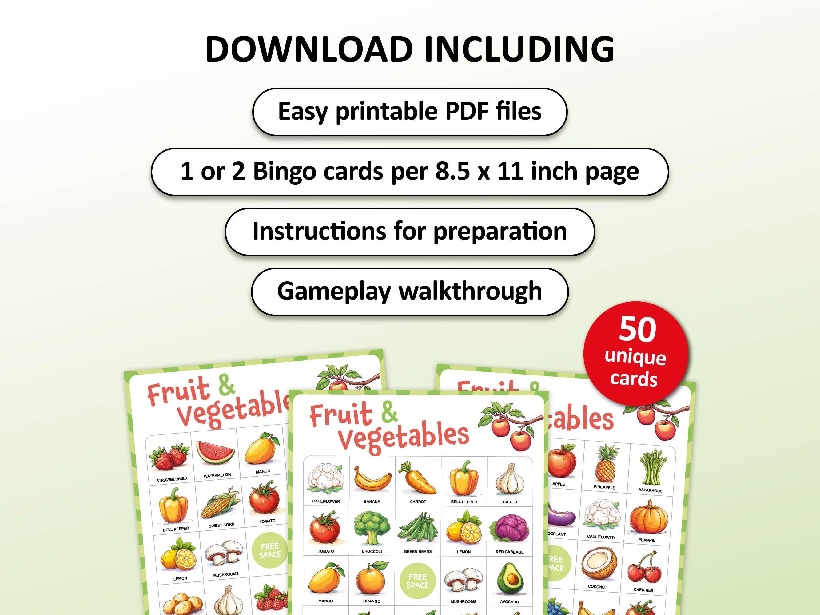 Fruit & Vegetables Bingo, 50 Bingo Cards, Kids Birthday Party Game ...