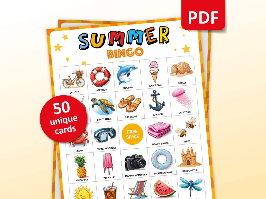 Summer Bingo, 50 Summer Bingo Cards, Birthday Activities, Kids & Adult ...