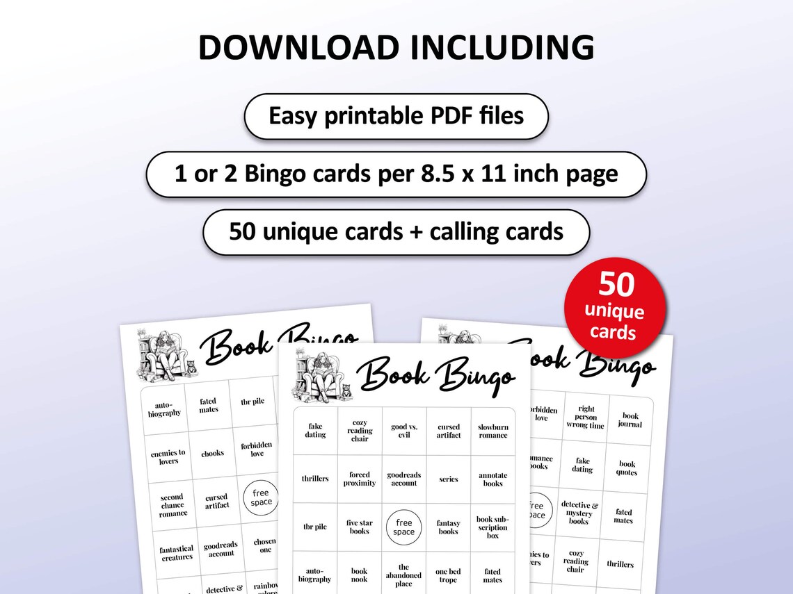 Book Bingo Game, 50 Book Bingo Cards, Book Club Activities, Girls Night ...