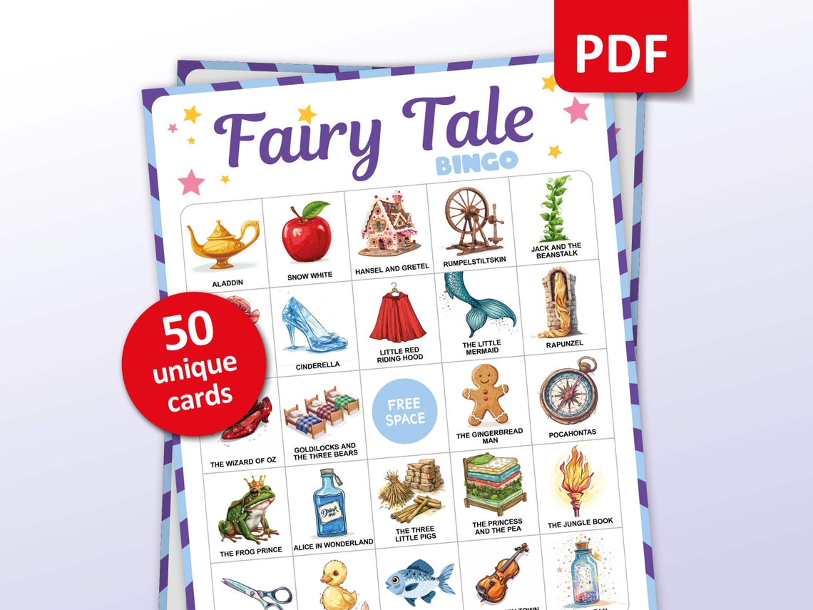 Fairytale Bingo, 50 Bingo Cards, Fairy Tale Party Game, Printable Kids ...