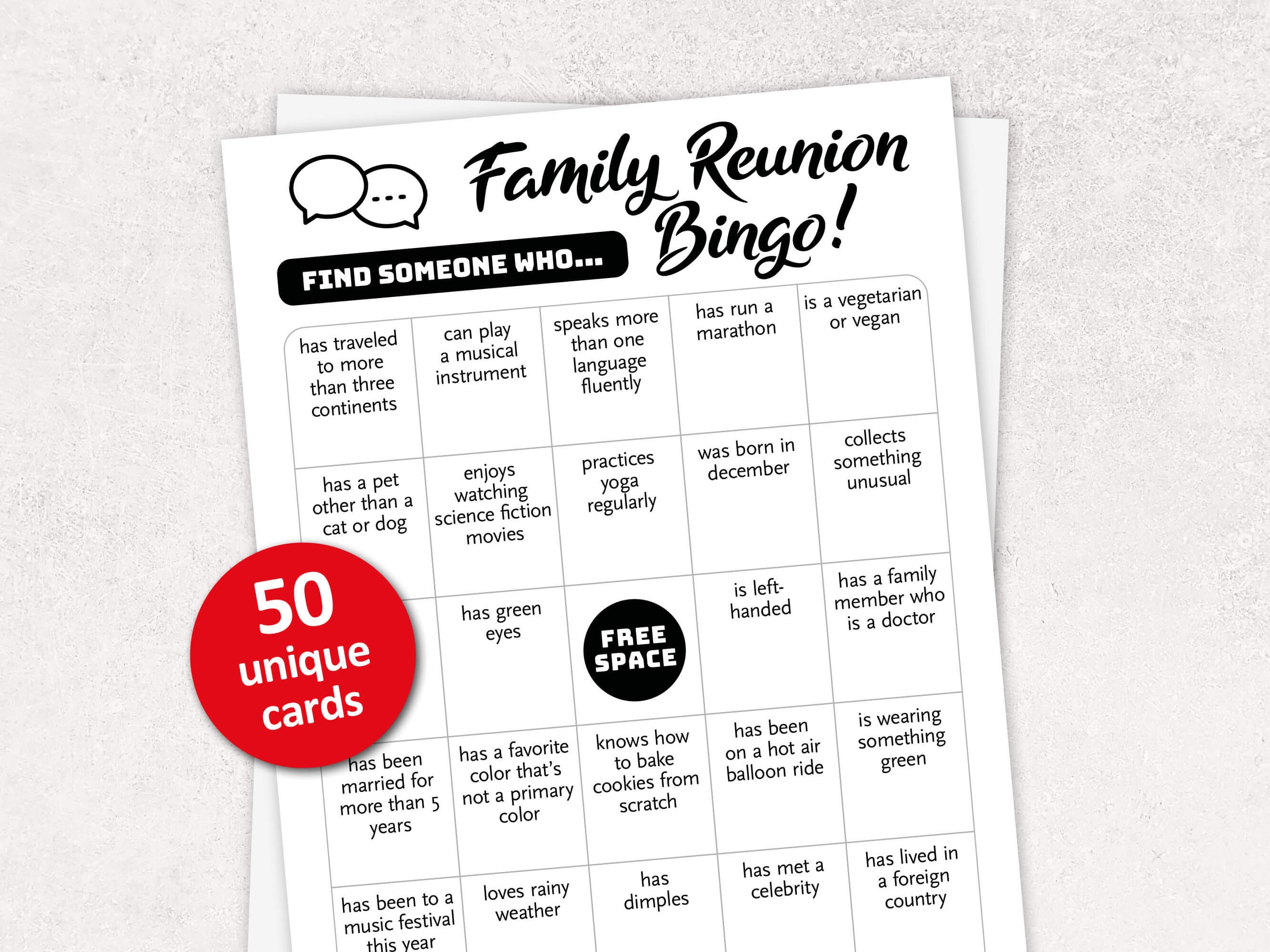 Family Reunion Bingo, 50 Get to Know You Bingo Cards, Family Gathering ...