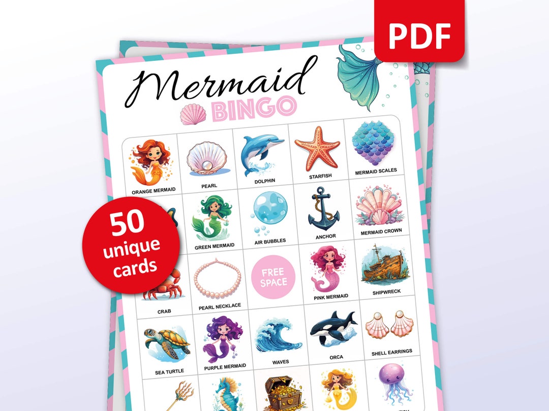Mermaid Bingo, 50 Mermaid Bingo Cards, Birthday Activities, Kids ...