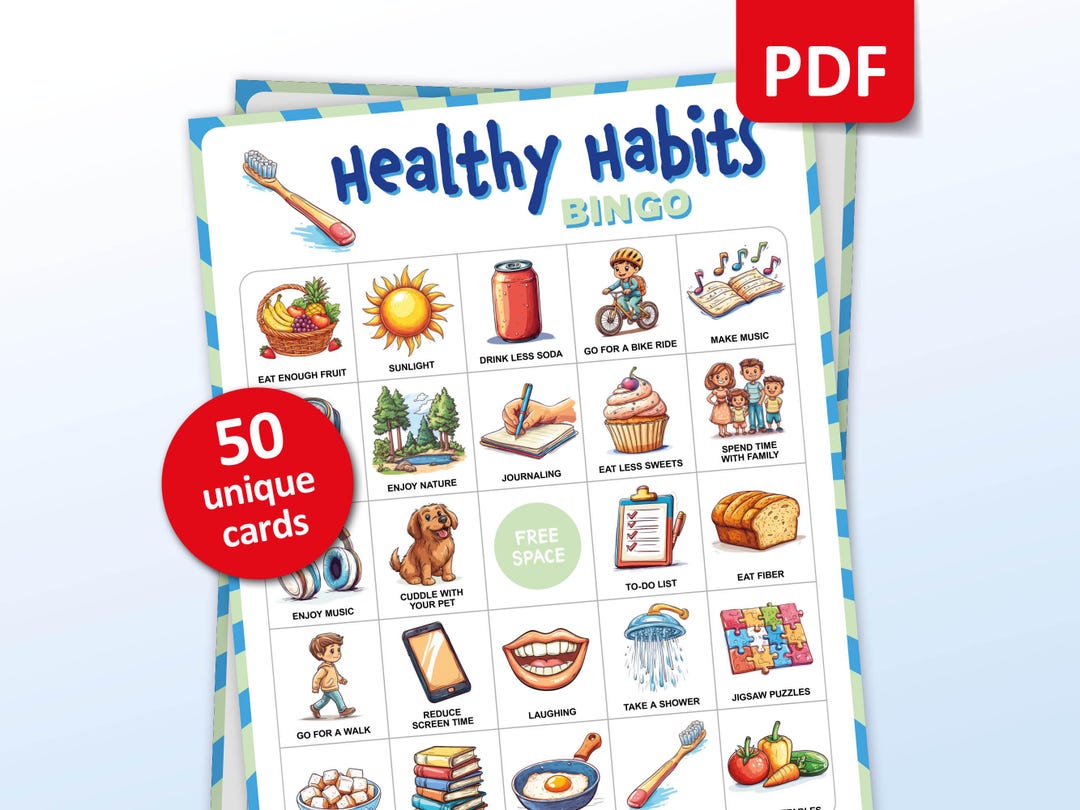 Healthy Habits Bingo, 50 Bingo Cards, Kids Health Printable Party Game ...