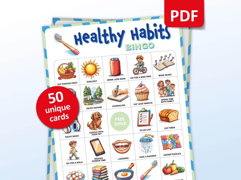 Healthy Habits Bingo, 50 Bingo Cards, Kids Health Printable Party Game, Educational School Nurse ...