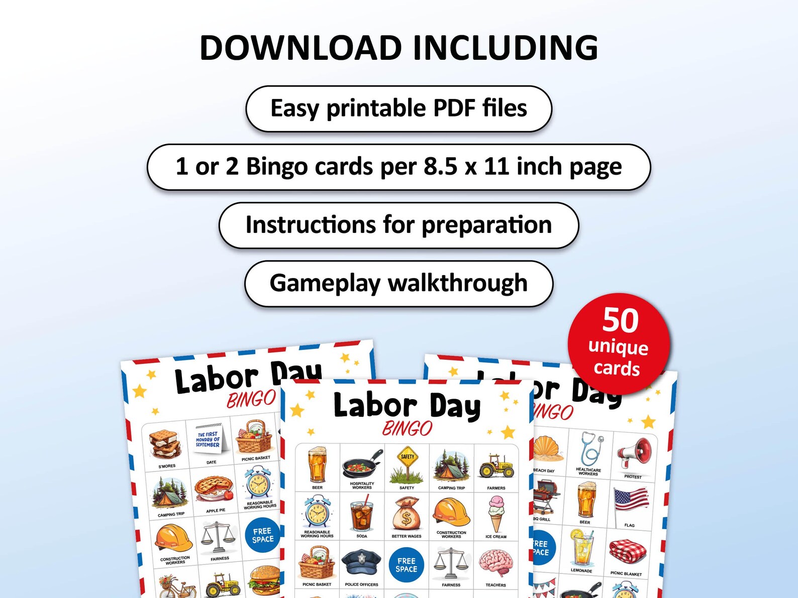 Labor Day Bingo, 50 Patriotic Bingo Cards, USA Party Game for Kids ...