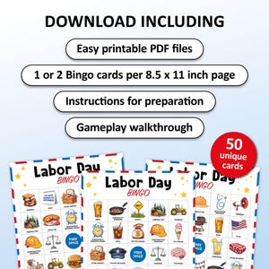 Labor Day Bingo, 50 Patriotic Bingo Cards, USA Party Game for Kids ...