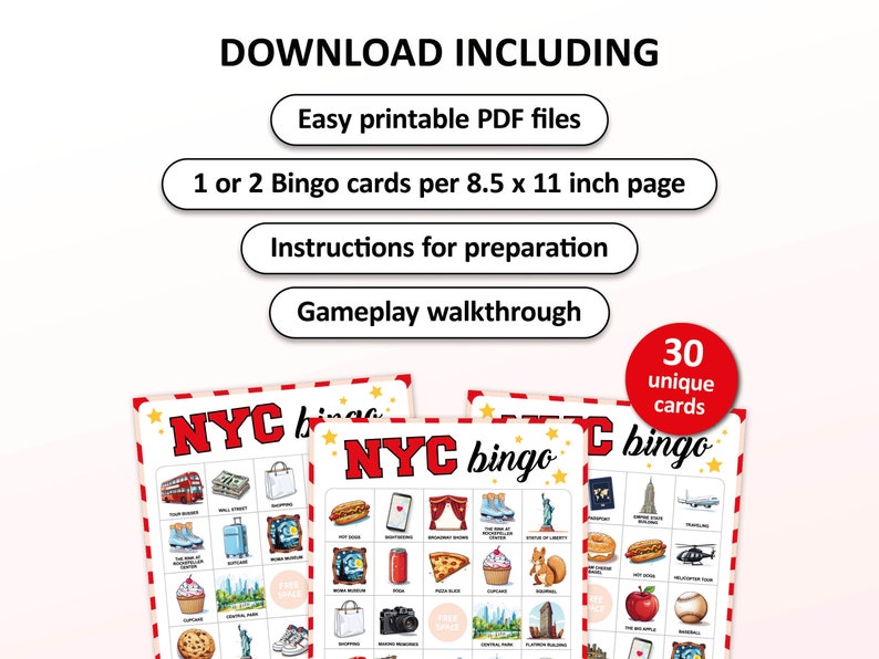 New York Bingo Game, 30 NYC Bingo Cards, New York City Travel ...