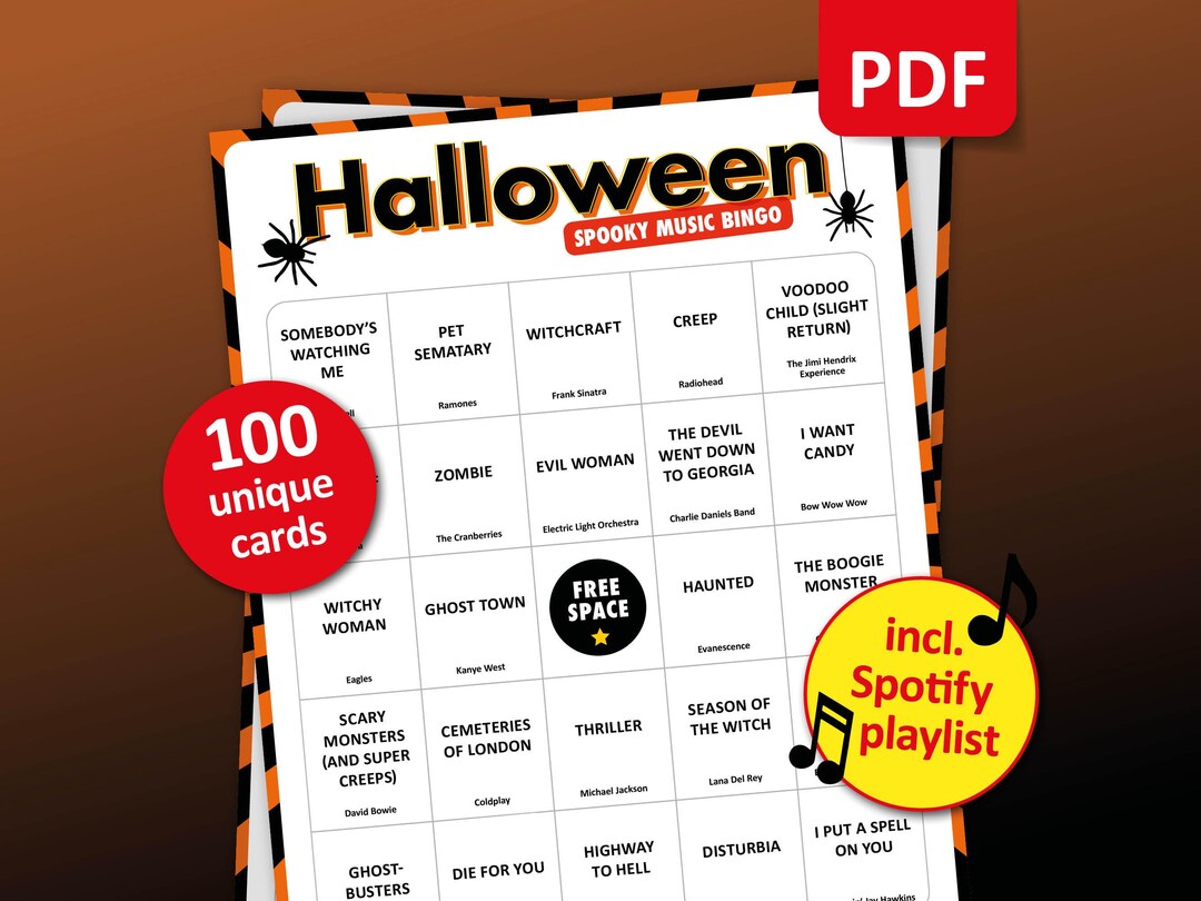 Halloween Music Bingo, 100 Bingo Cards + Spotify Playlist, Spooky ...