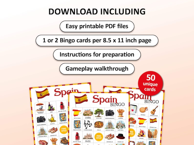 Spain Travel Bingo Game, 50 Spain Bingo Cards, Travel Trip Vacation ...