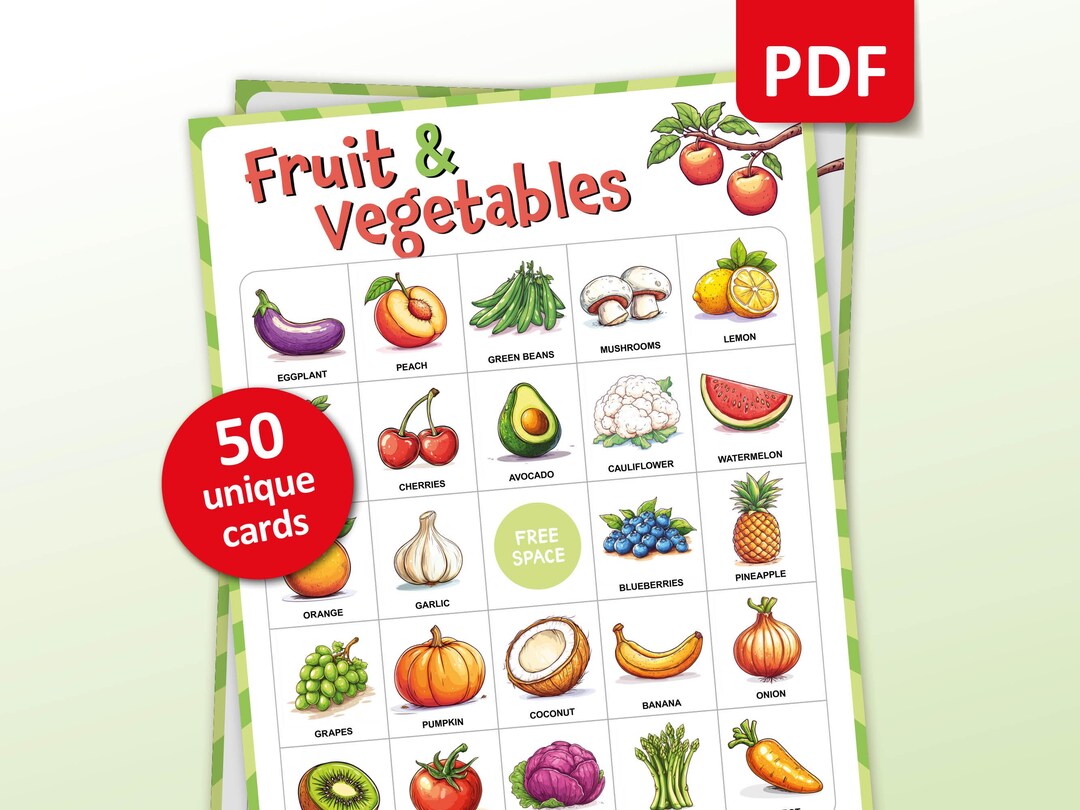 Fruit & Vegetables Bingo, 50 Bingo Cards, Kids Birthday Party Game ...