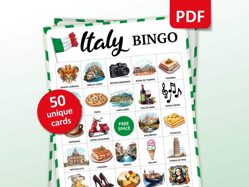 Italy Travel Bingo Game, 50 Italy Bingo Cards, Travel Trip Vacation ...
