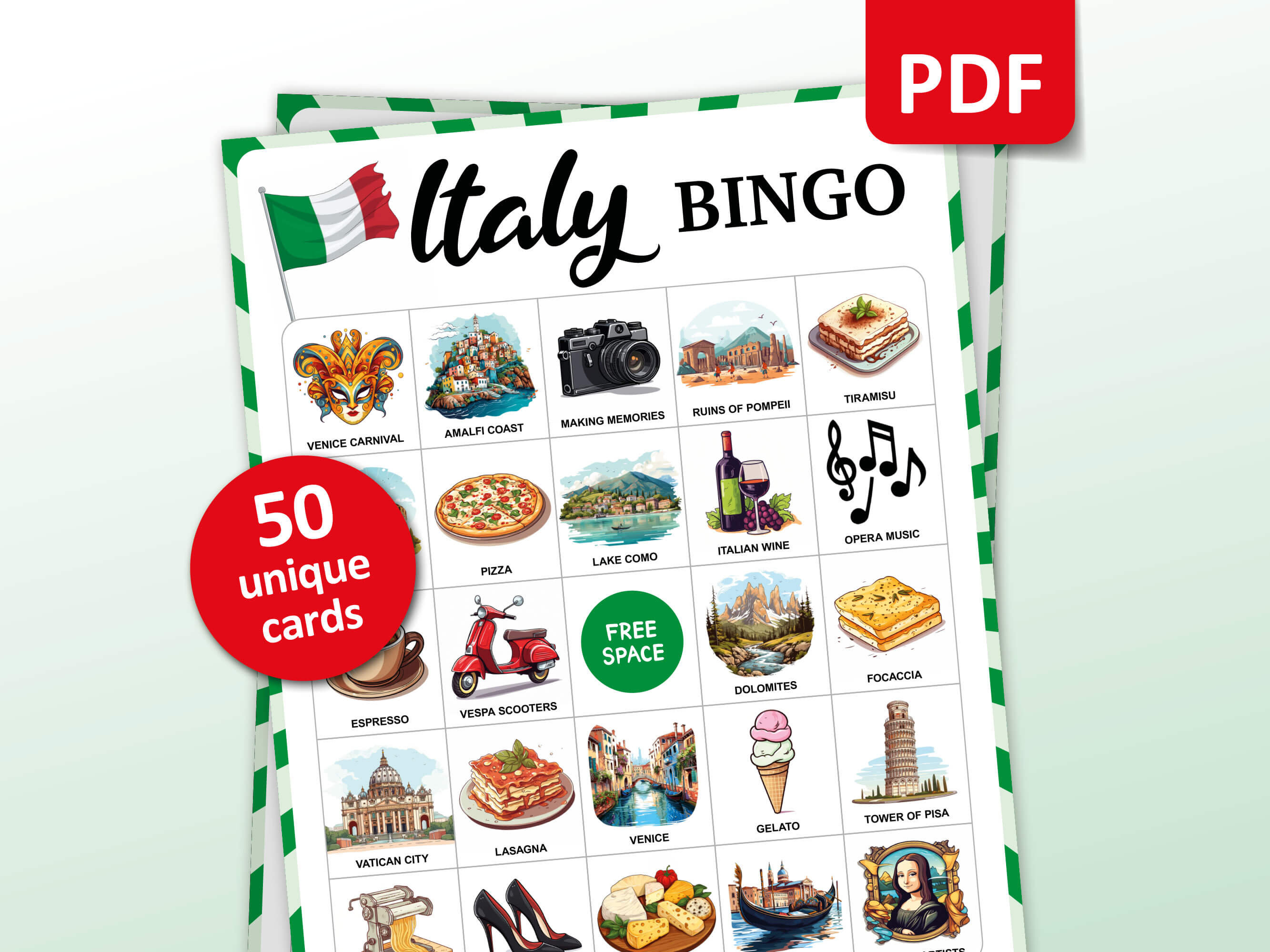 Italy Travel Bingo Game, 50 Italy Bingo Cards, Travel Trip Vacation ...