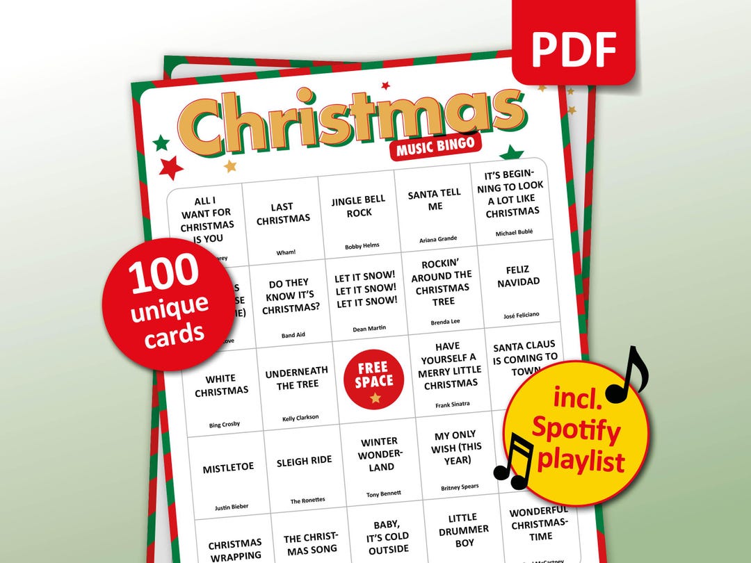 Christmas Music Bingo, 100 Bingo Cards + Spotify Playlist, Christmas ...
