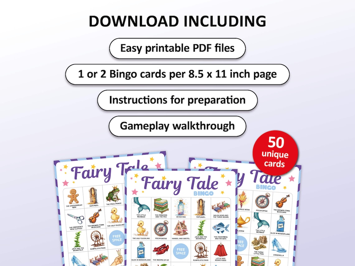 Fairytale Bingo, 50 Bingo Cards, Fairy Tale Party Game, Printable Kids ...