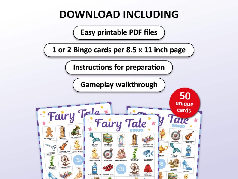 Fairytale Bingo, 50 Bingo Cards, Fairy Tale Party Game, Printable Kids ...